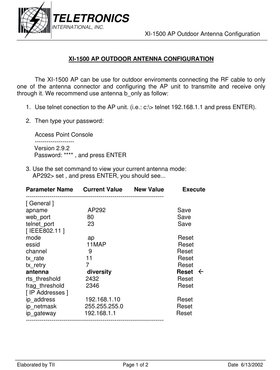 TELETRONICS INTERNATIONAL XI-1500 CONFIGURATION Pdf Download | ManualsLib