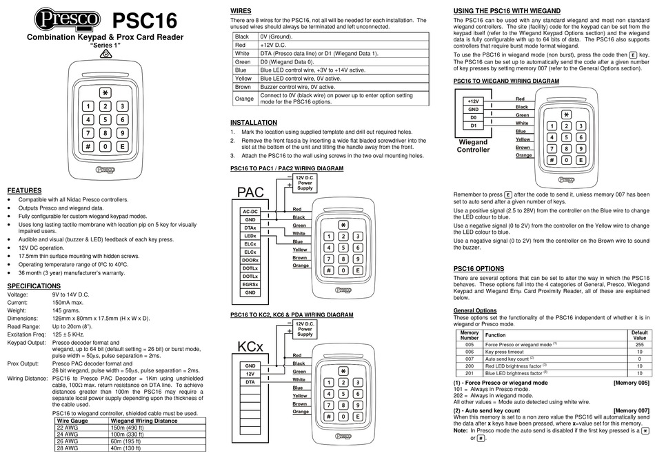 PRESCO PSC16 QUICK START MANUAL Pdf Download | ManualsLib