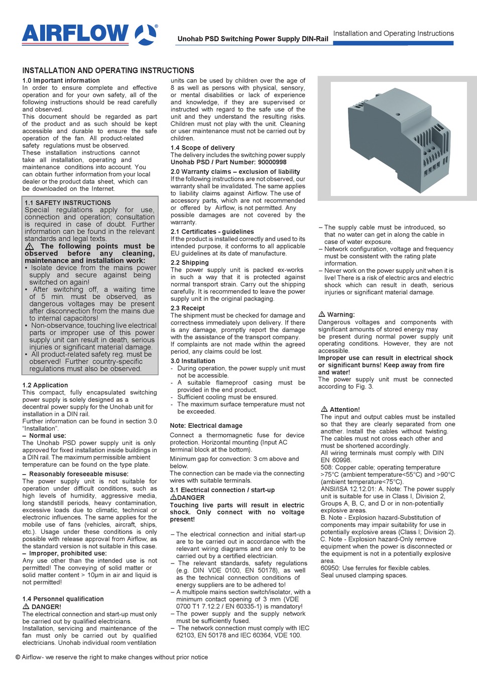 AIRFLOW UNOHAB PSD INSTALLATION AND OPERATING INSTRUCTIONS Pdf Download | ManualsLib