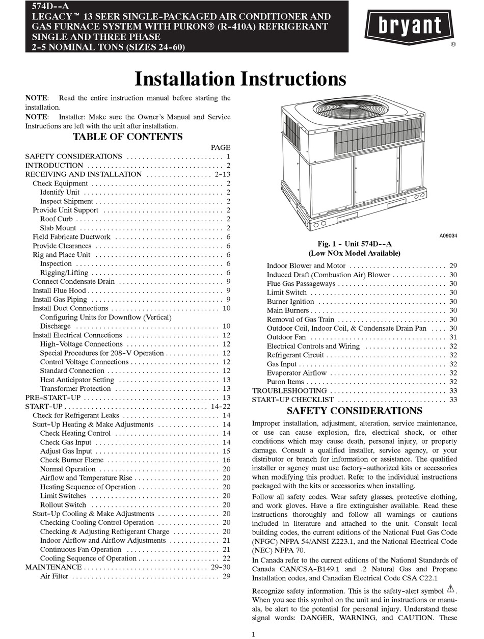 BRYANT LEGACY 574D A SERIES INSTALLATION INSTRUCTIONS MANUAL Pdf ...