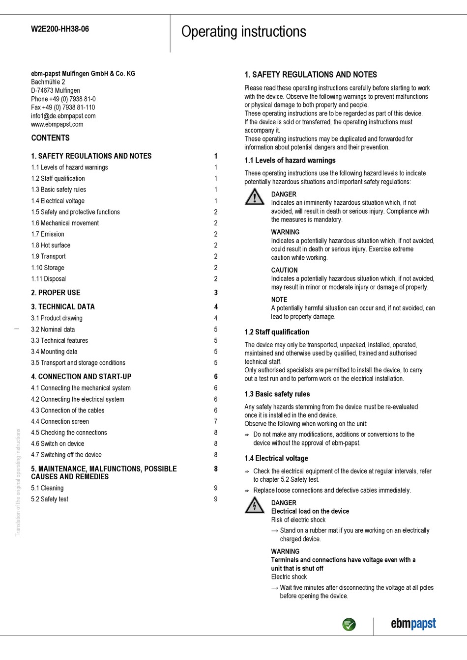 EBM-PAPST W2E200-HH38-06 OPERATING INSTRUCTIONS MANUAL Pdf Download ...