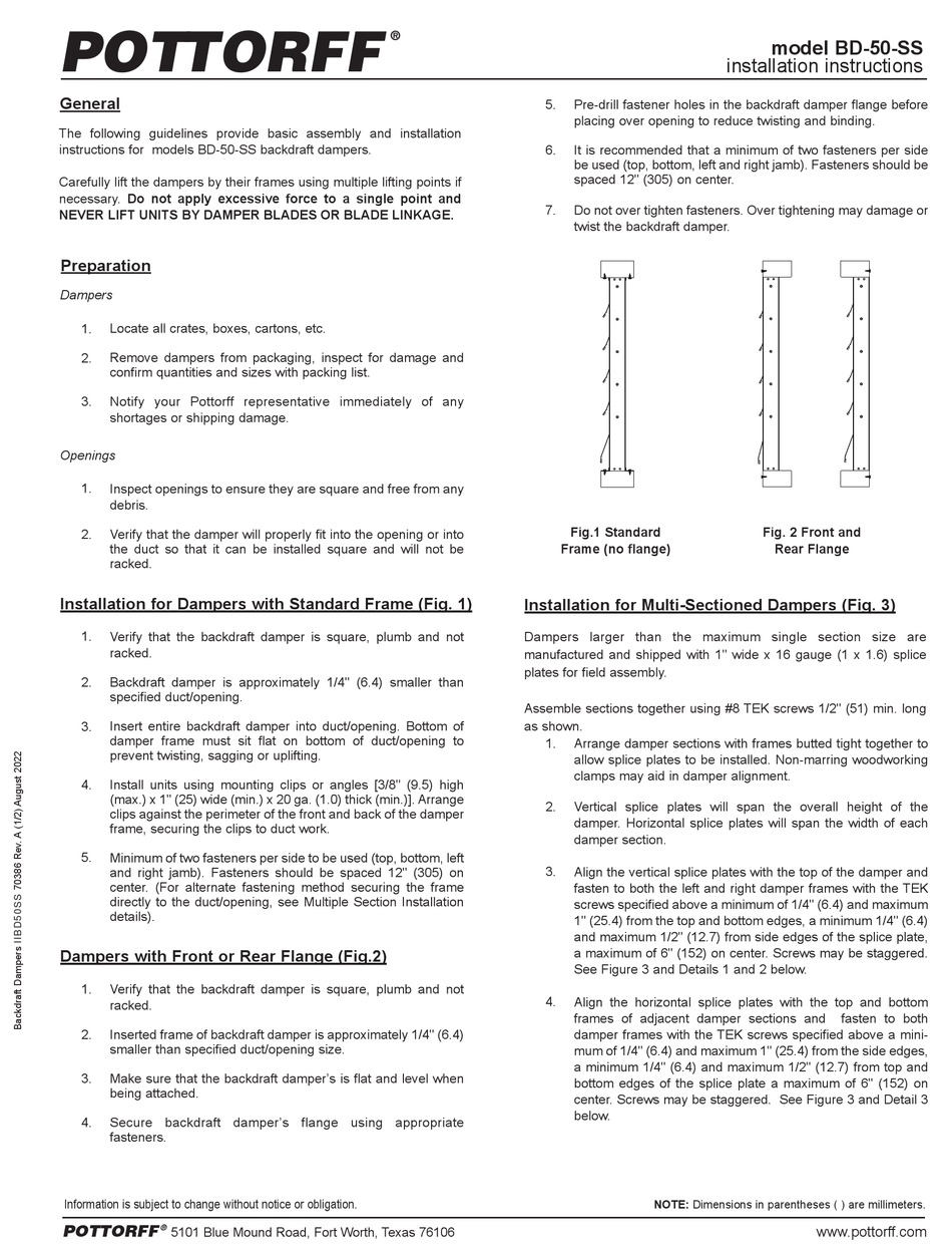 POTTORFF BD-50-SS INSTALLATION INSTRUCTIONS Pdf Download | ManualsLib