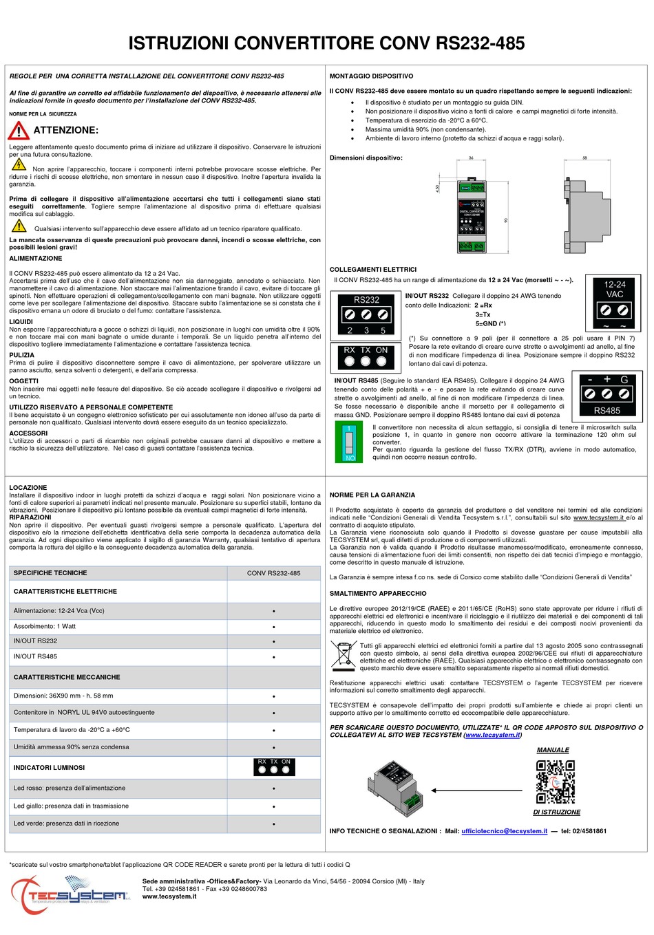 TECSYSTEM CONV RS232-485 INSTRUCTIONS Pdf Download | ManualsLib