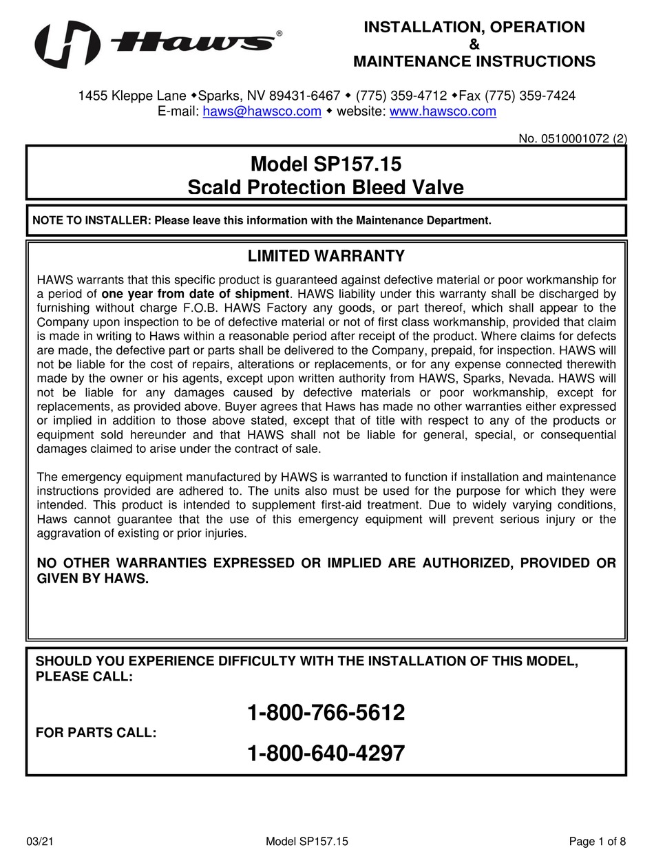 HAWS SP157.15 INSTALLATION, OPERATION & MAINTENANCE INSTRUCTIONS MANUAL Pdf Download | ManualsLib