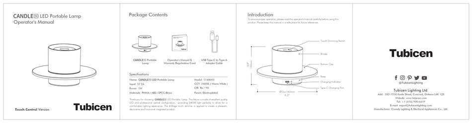 TUBICEN CANDLE 1140003 OPERATOR'S MANUAL Pdf Download | ManualsLib