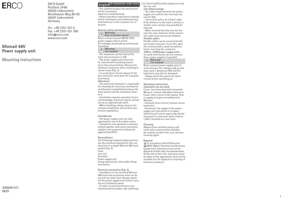 ERCO MINIRAIL 48V MOUNTING INSTRUCTIONS Pdf Download | ManualsLib