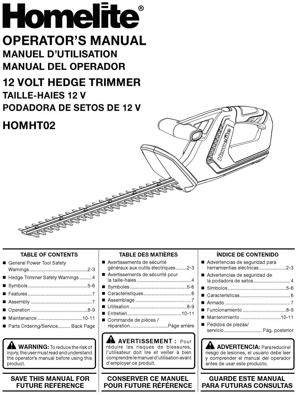 HOMELITE HOMHT02 OPERATOR'S MANUAL Pdf Download | ManualsLib