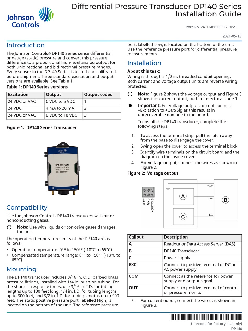 JOHNSON CONTROLS DP140 SERIES INSTALLATION MANUAL Pdf Download | ManualsLib