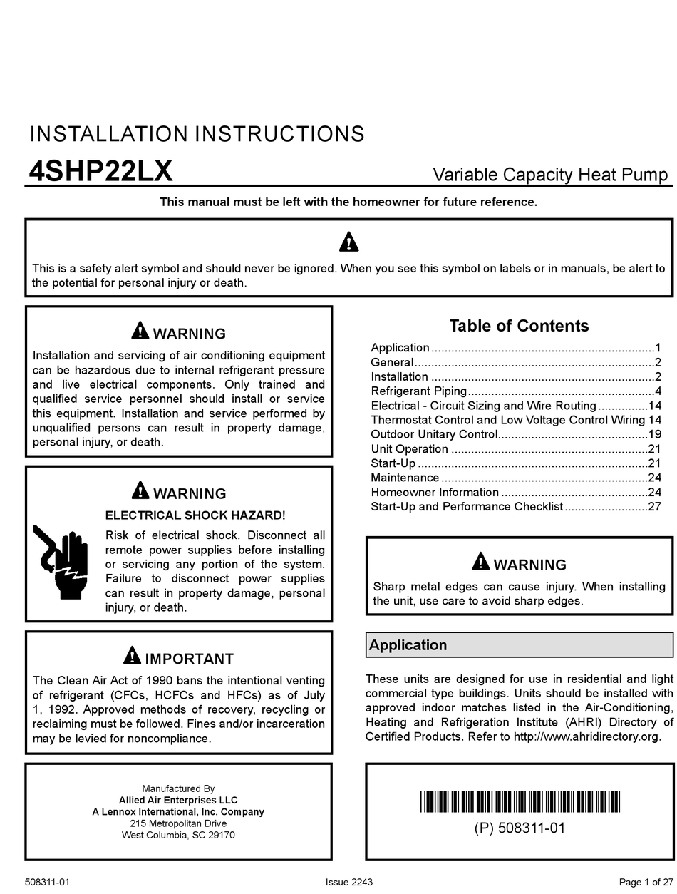 ALLIED 4SHP22LX INSTALLATION INSTRUCTIONS MANUAL Pdf Download | ManualsLib