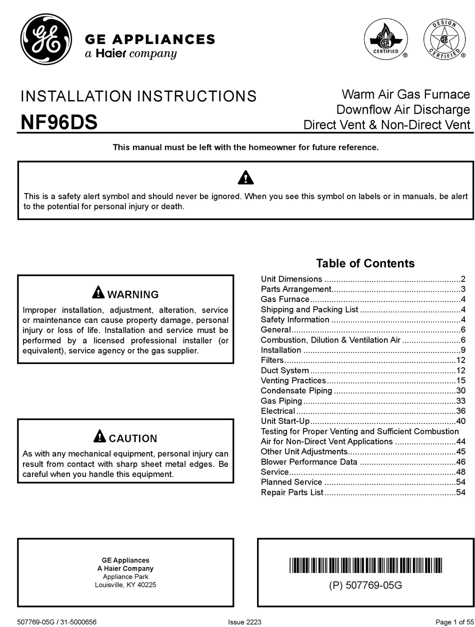 HAIER GE NF96DS INSTALLATION INSTRUCTIONS MANUAL Pdf Download | ManualsLib