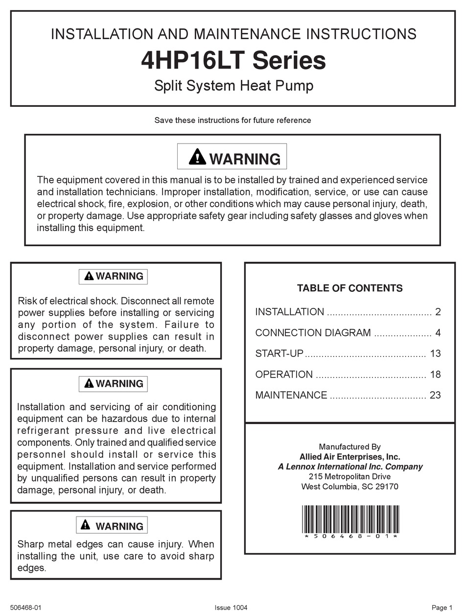 ALLIED AIR DUCANE 4HP16 INSTALLATION AND MAINTENANCE INSTRUCTIONS ... ALLIED AIR DUCANE 4HP16 INSTALLATION AND MAINTENANCE INSTRUCTIONS ...