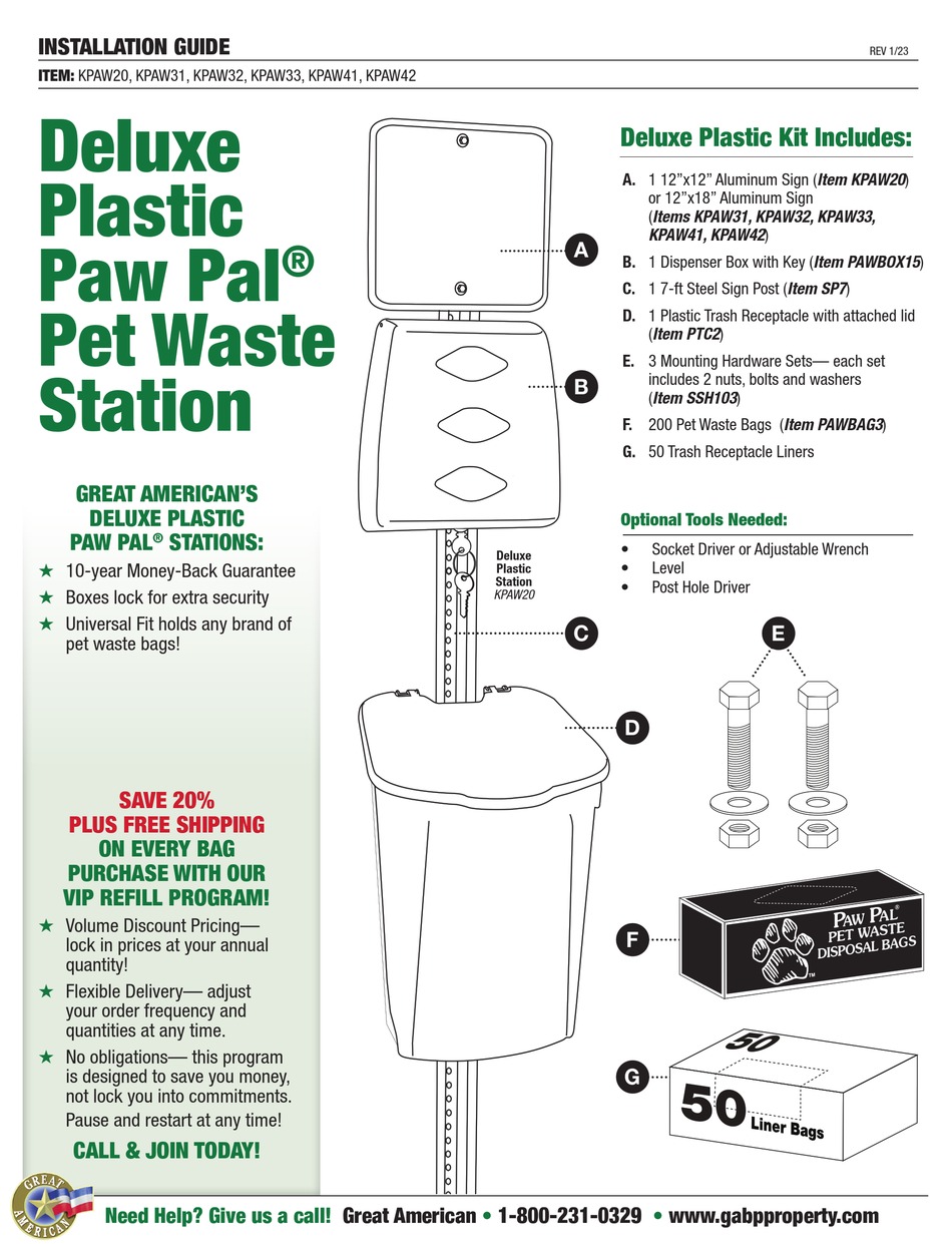 GREAT AMERICAN DELUXE PLASTIC PAW PAL KPAW20 INSTALLATION MANUAL Pdf ...