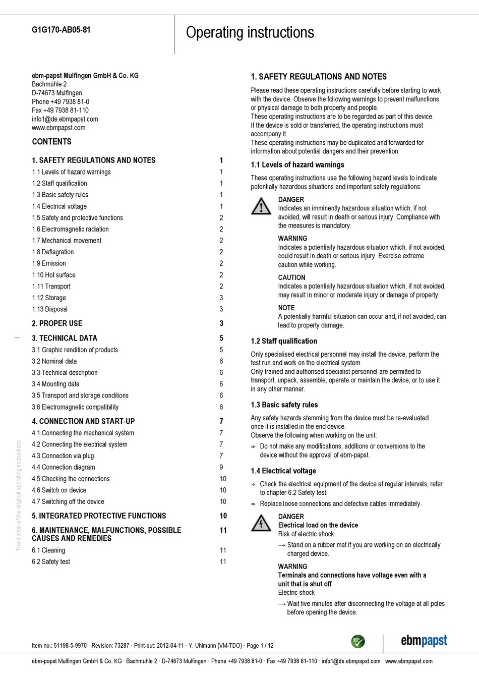 EBM-PAPST G1G170-AB05-81 OPERATING INSTRUCTIONS MANUAL Pdf Download ...