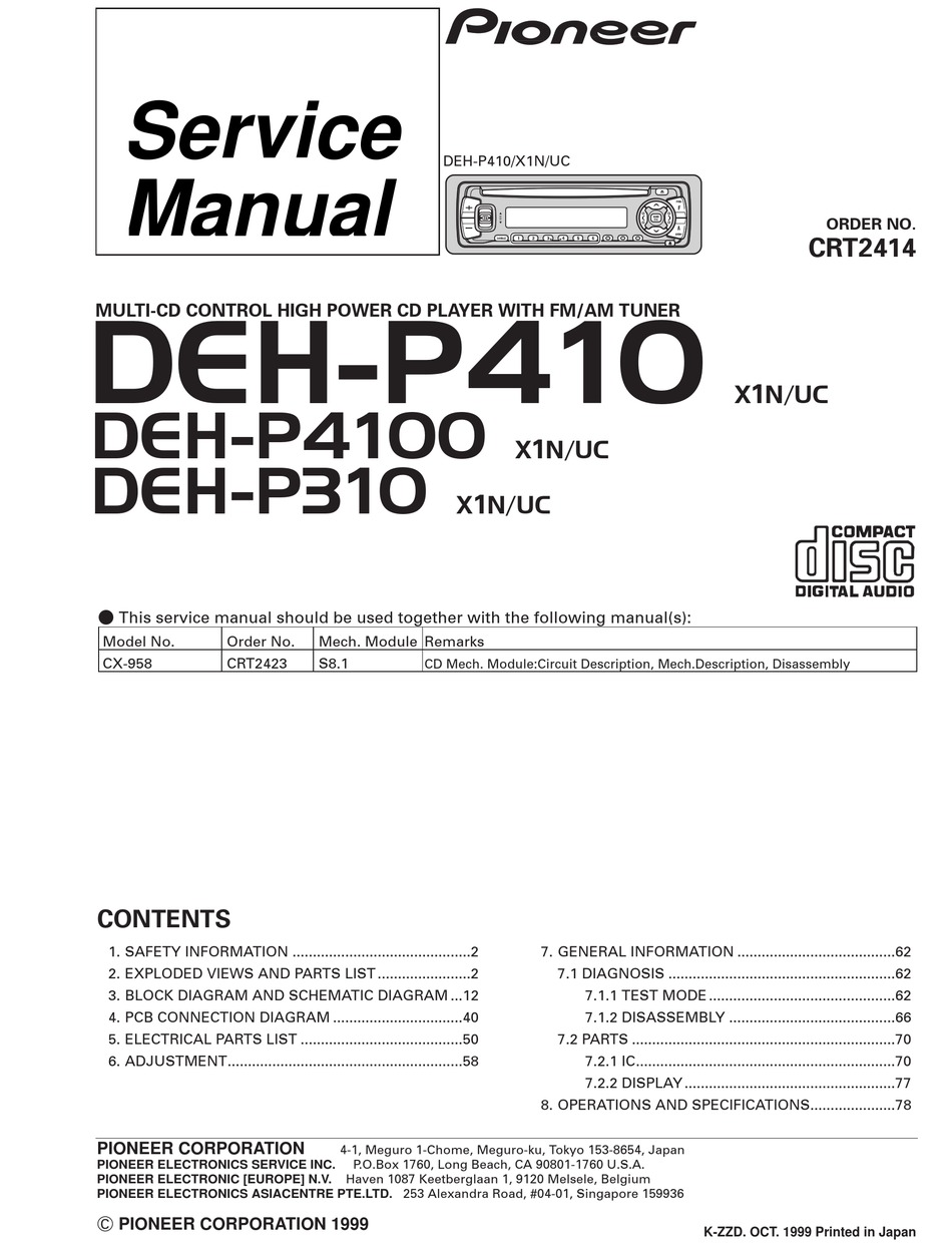 PIONEER DEH-P410 X1N/UC SERVICE MANUAL Pdf Download | ManualsLib