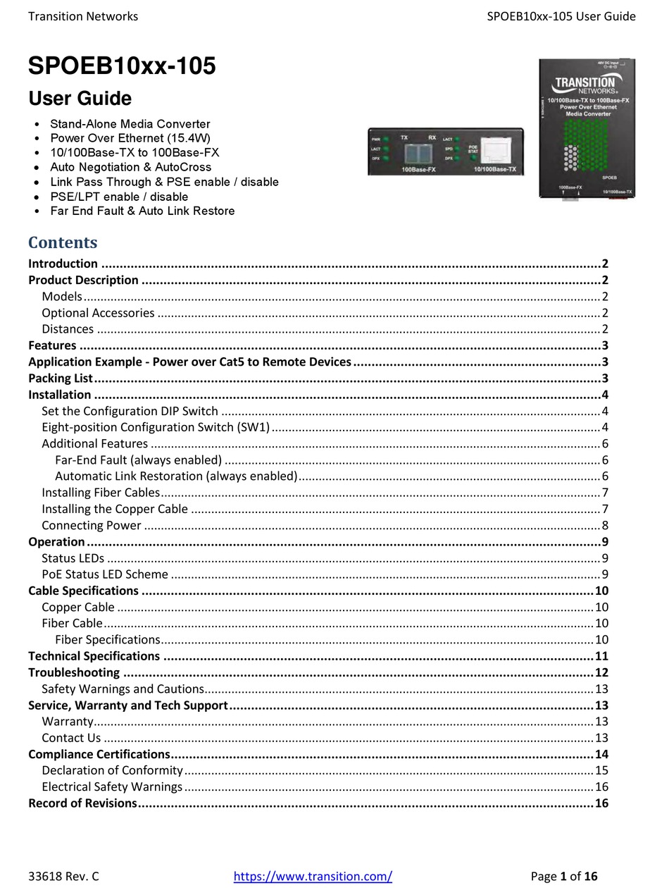 TRANSITION NETWORKS SPOEB10 105 SERIES USER MANUAL Pdf Download | ManualsLib