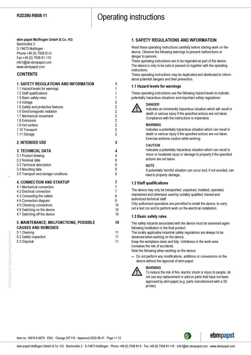 EBM-PAPST R2D280-RB08-11 OPERATING INSTRUCTIONS MANUAL Pdf Download ...