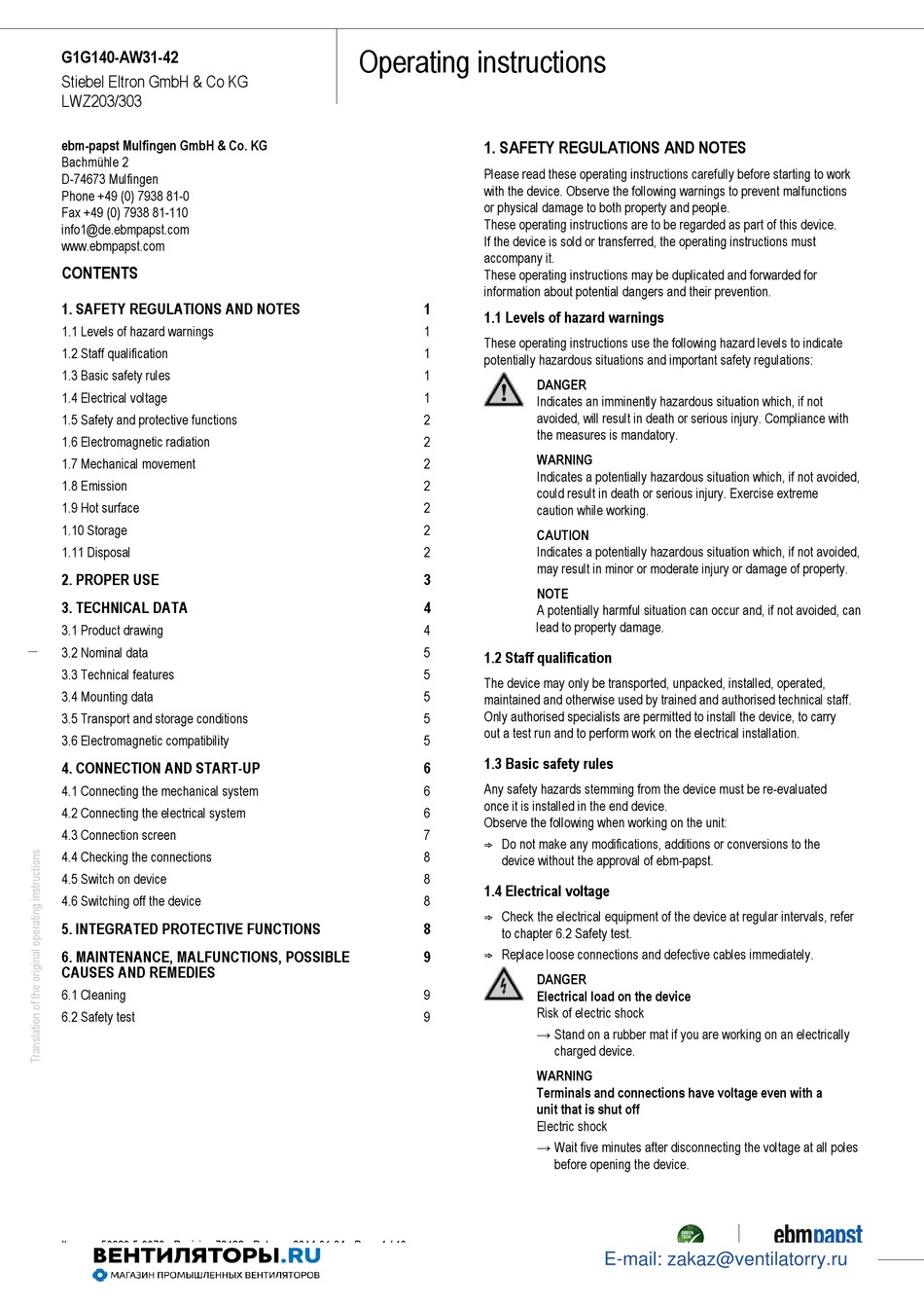 EBM-PAPST G1G140-AW31-42 OPERATING INSTRUCTIONS MANUAL Pdf Download ...