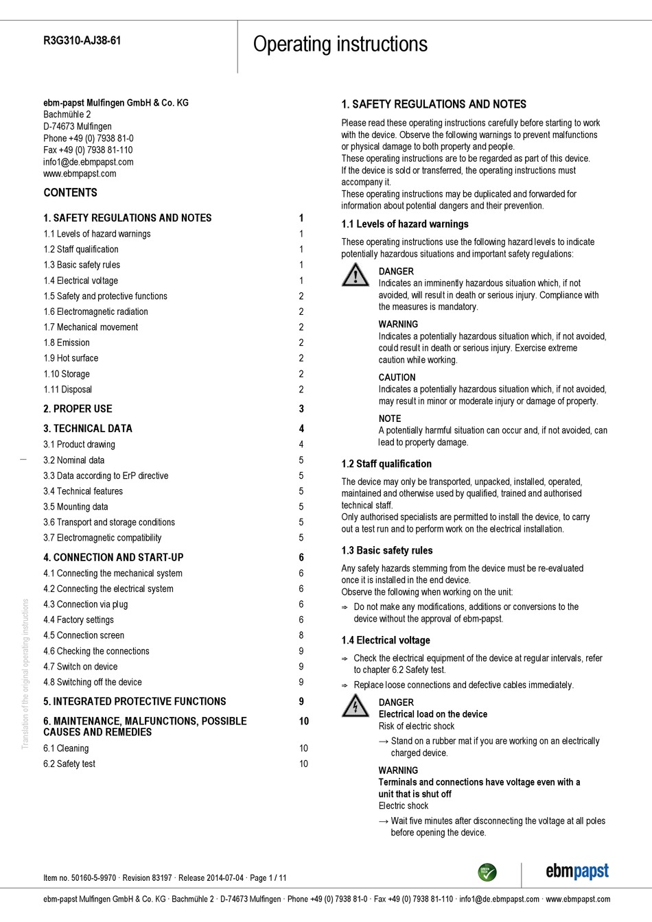 EBM-PAPST R3G310-AJ38-61 OPERATING INSTRUCTIONS MANUAL Pdf Download ...