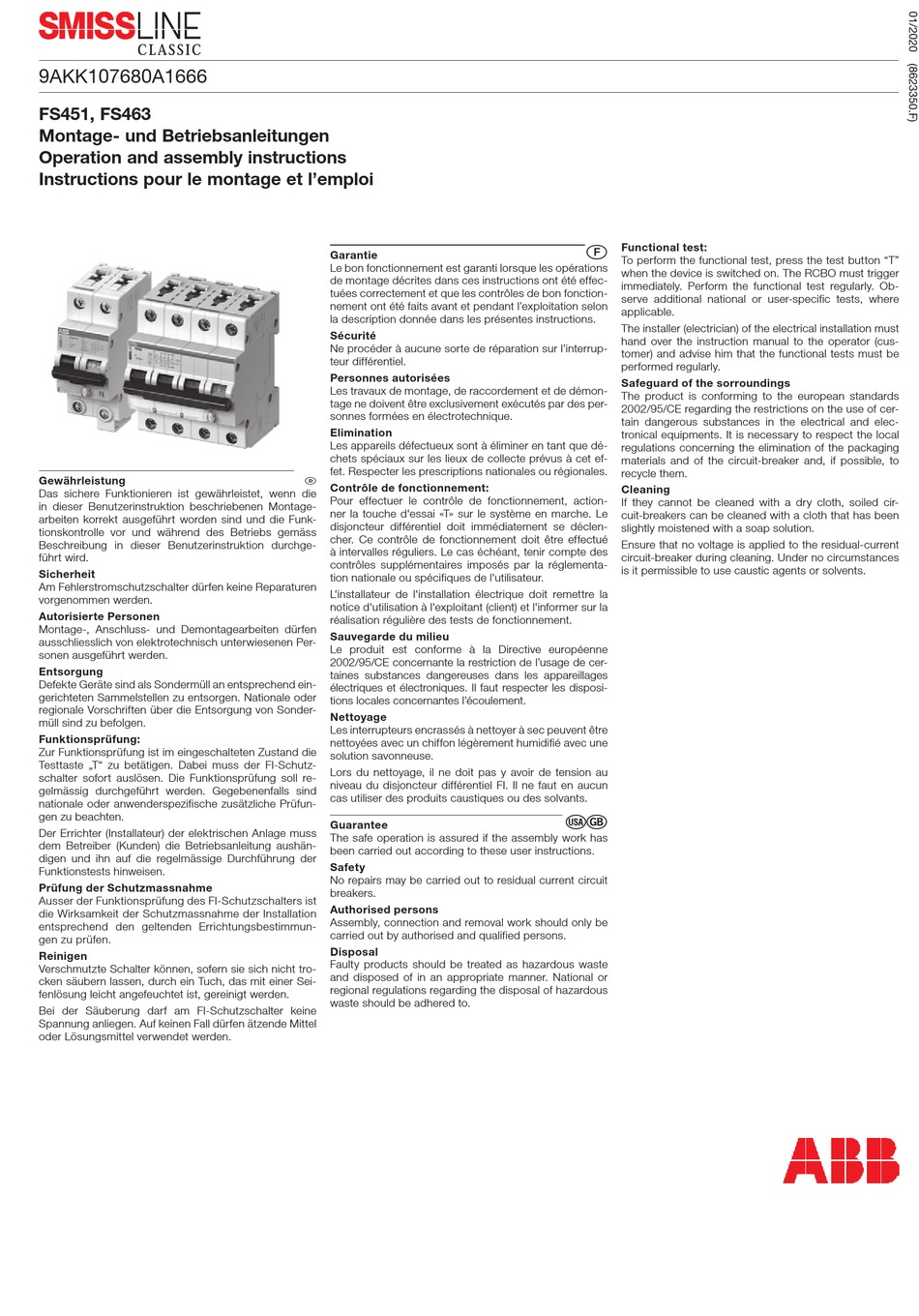 ABB SMISSLINE CLASSIC FS451 OPERATION AND ASSEMBLY INSTRUCTIONS Pdf ... ABB SMISSLINE CLASSIC FS451 OPERATION AND ASSEMBLY INSTRUCTIONS Pdf ...