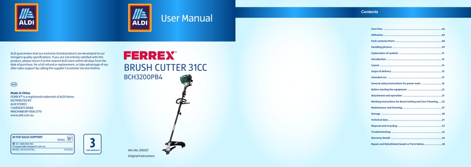 ALDI FERREX BCH3200PB4 USER MANUAL Pdf Download | ManualsLib
