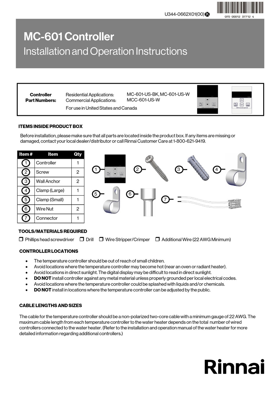 RINNAI MC-601 INSTALLATION & OPERATION INSTRUCTIONS Pdf Download | ManualsLib