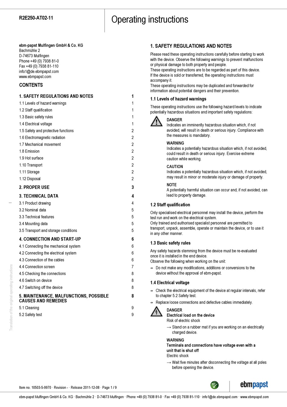 EBM-PAPST R2E250-AT02-11 OPERATING INSTRUCTIONS MANUAL Pdf Download ...