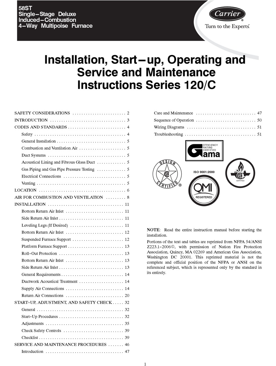 CARRIER 58ST INSTALLATION, START-UP, OPERATING AND SERVICE AND ...