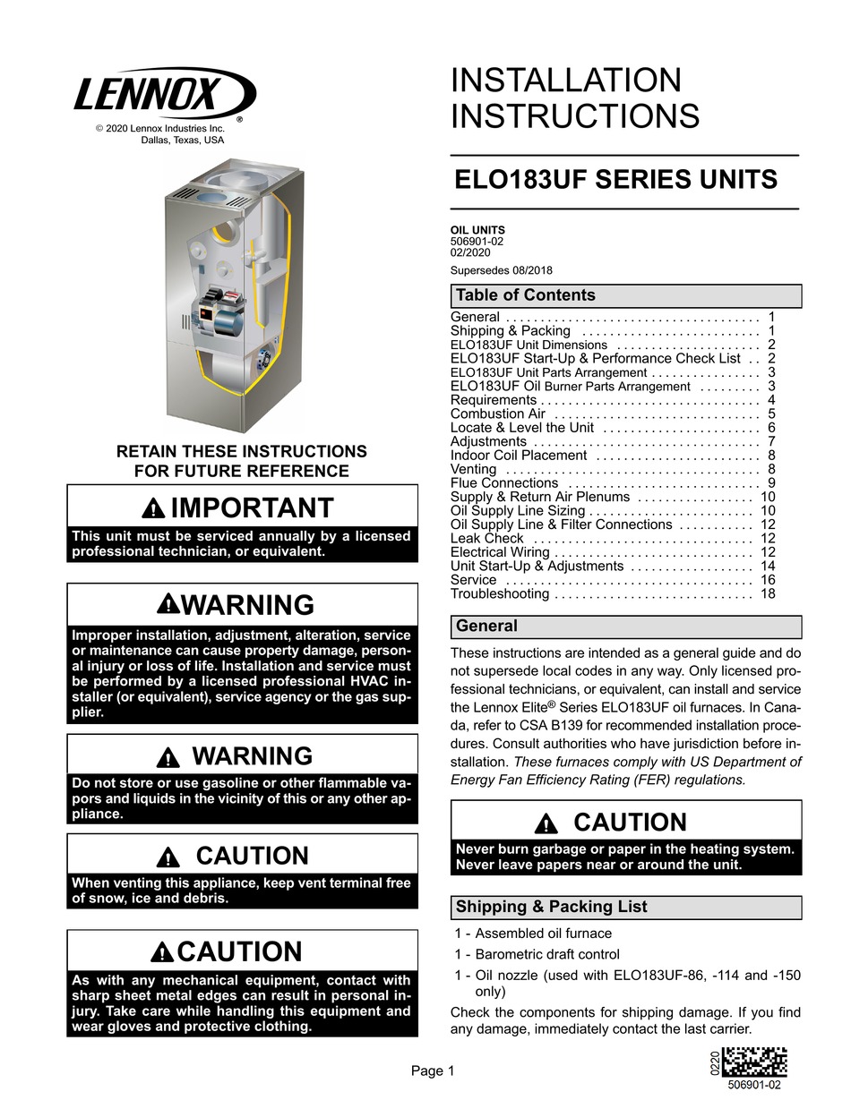LENNOX ELO183UF68P36 INSTALLATION INSTRUCTIONS MANUAL Pdf Download ...