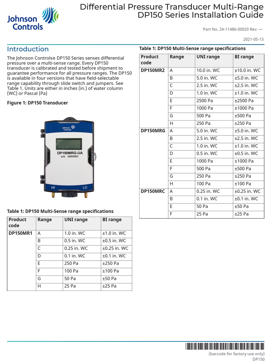 JOHNSON CONTROLS DP150 SERIES INSTALLATION MANUAL Pdf Download | ManualsLib