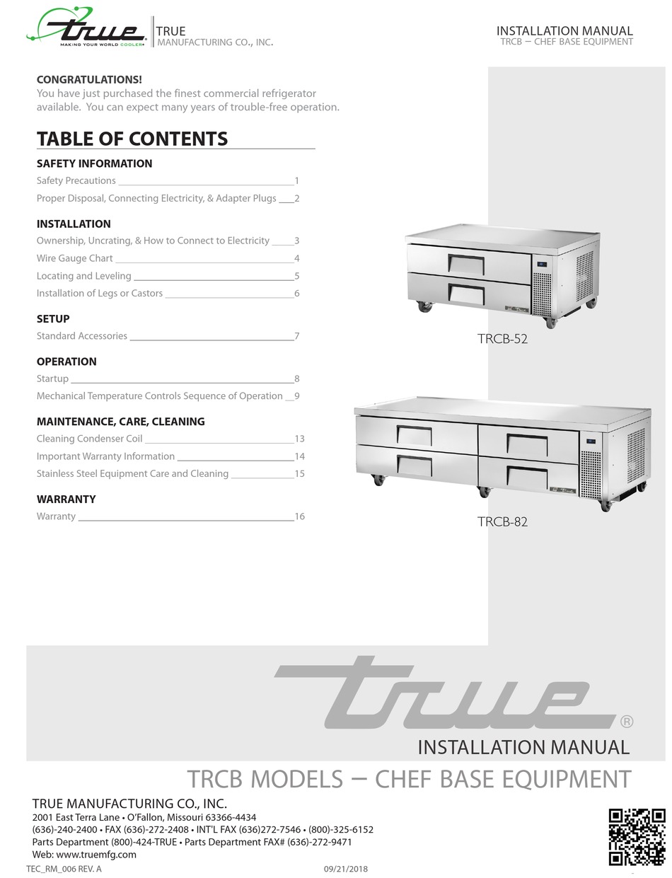 TRUE TRCB-52 INSTALLATION MANUAL Pdf Download | ManualsLib