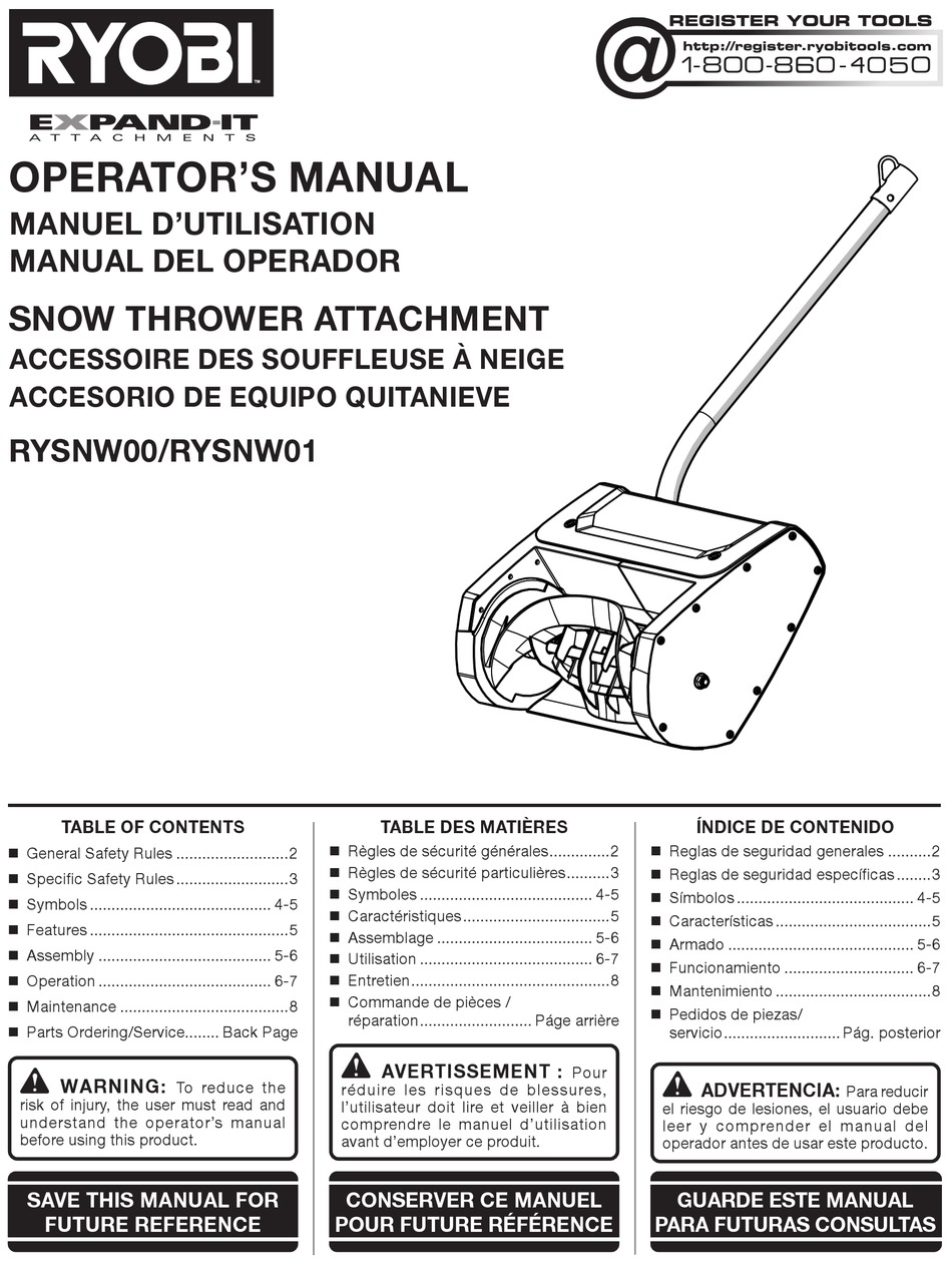 RYOBI EXPAND-IT RYSNW01 OPERATOR'S MANUAL Pdf Download | ManualsLib