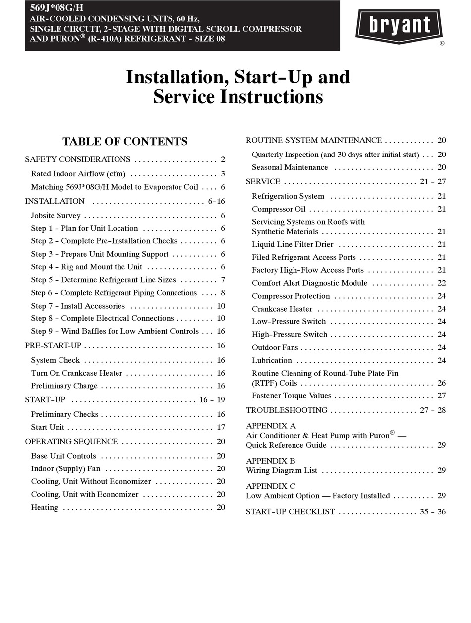 BRYANT 569J 08G SERIES INSTALLATION, START-UP AND SERVICE INSTRUCTIONS MANUAL Pdf Download ...