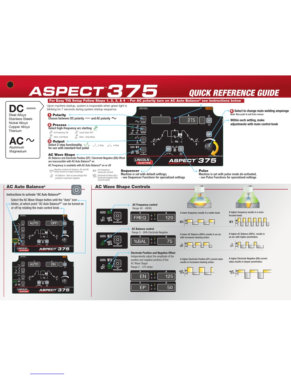 LINCOLN ELECTRIC ASPECT 375 QUICK REFERENCE MANUAL Pdf Download ...