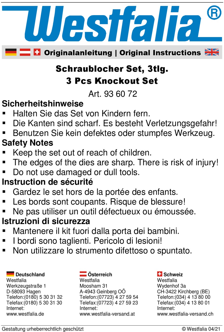 WESTFALIA 93 60 72 ORIGINAL INSTRUCTIONS Pdf Download | ManualsLib