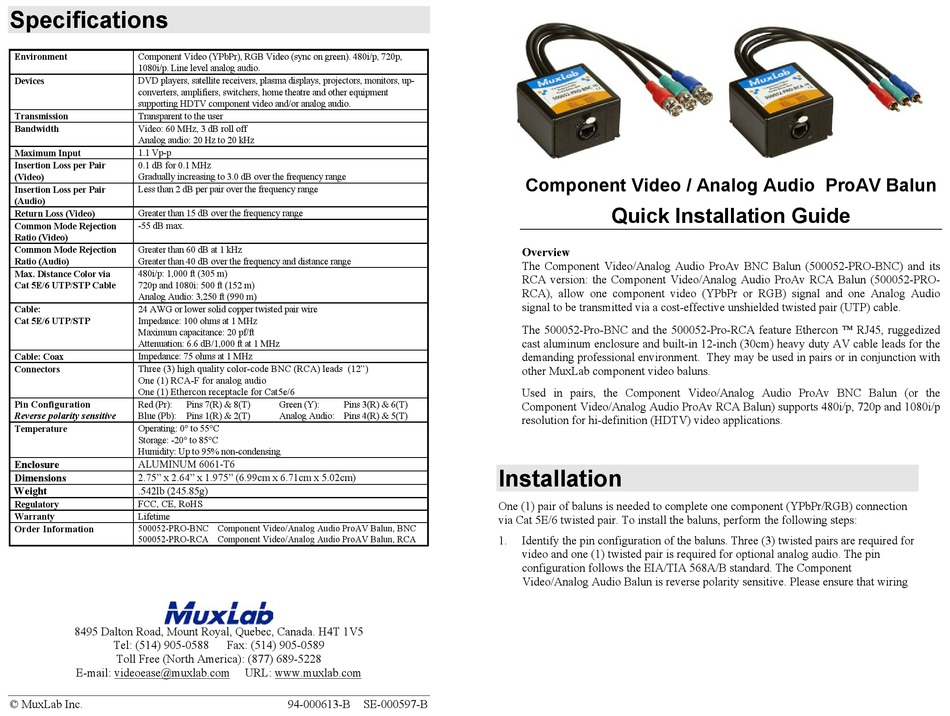 MUXLAB 500052-PRO-BNC QUICK INSTALLATION MANUAL Pdf Download | ManualsLib