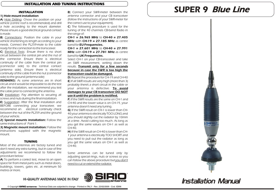 SIRIO ANTENNE SUPER 9 BLUE LINE INSTALLATION MANUAL Pdf Download | ManualsLib
