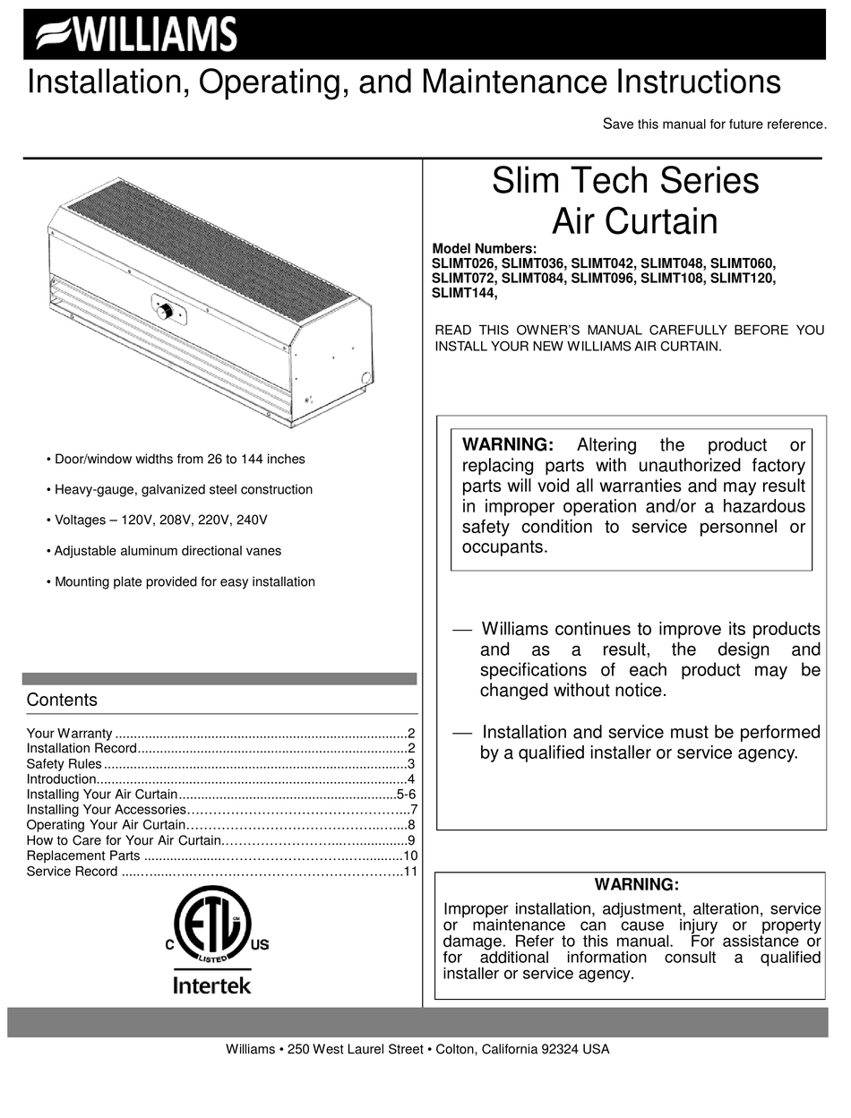 WILLIAMS SLIM TECH SERIES INSTALLATION, OPERATING AND MAINTENANCE ...