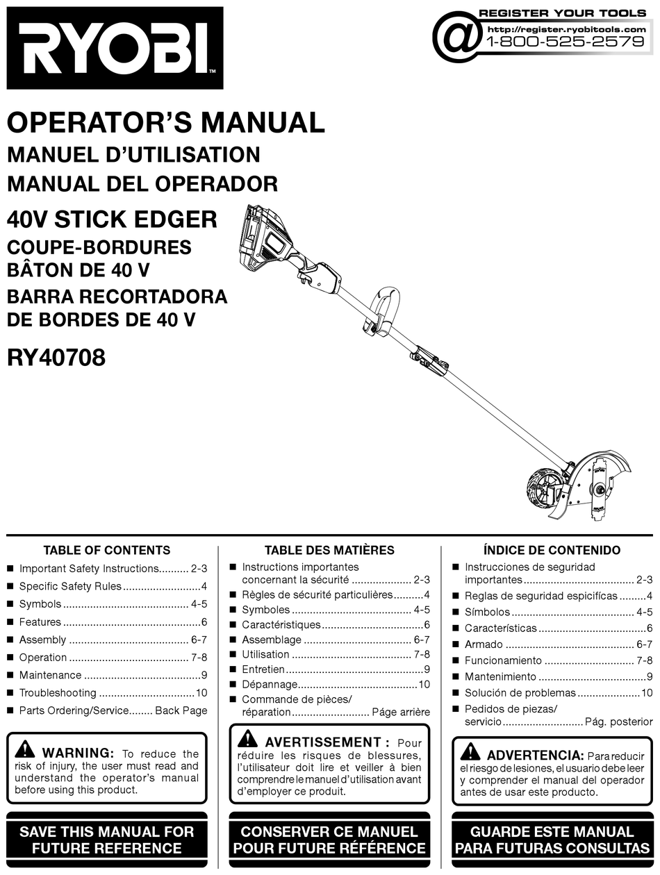 RYOBI RY40708 OPERATOR'S MANUAL Pdf Download | ManualsLib