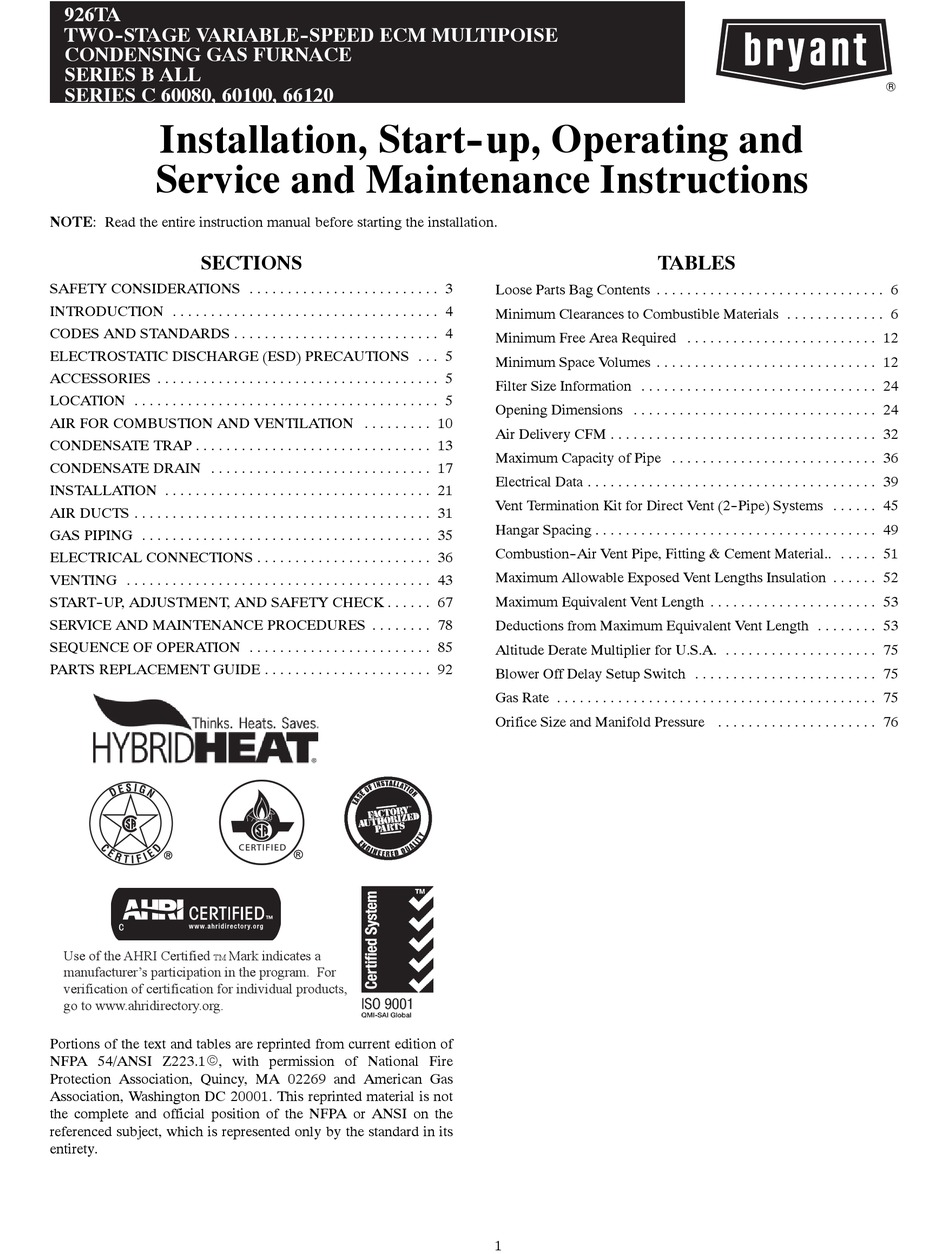 BRYANT 66120 INSTALLATION, START-UP, OPERATING AND SERVICE AND MAINTENANCE INSTRUCTIONS Pdf ...