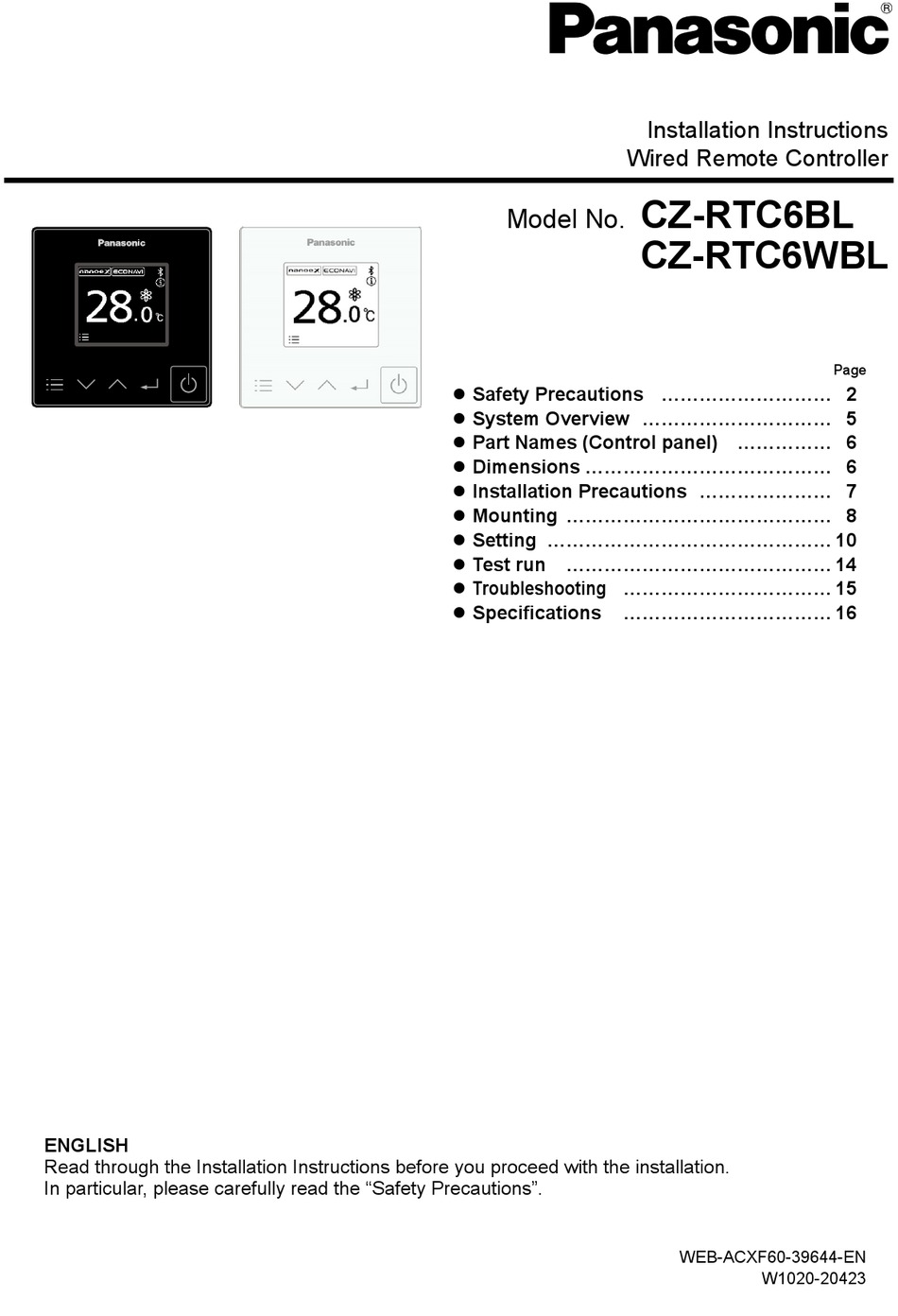 PANASONIC CZ-RTC6BL INSTALLATION INSTRUCTIONS MANUAL Pdf Download | ManualsLib