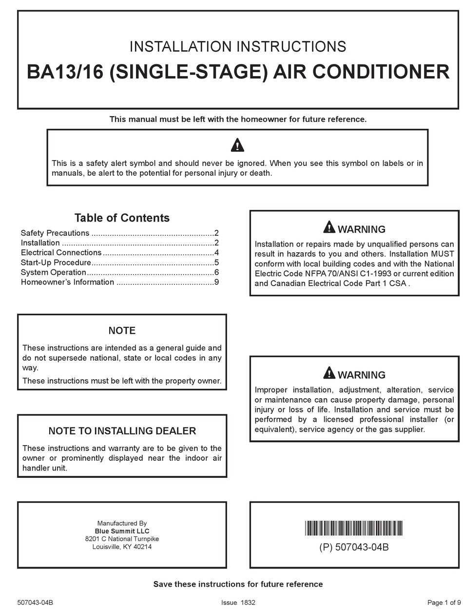 BLUERIDGE BA16 SERIES INSTALLATION INSTRUCTIONS MANUAL Pdf Download ...
