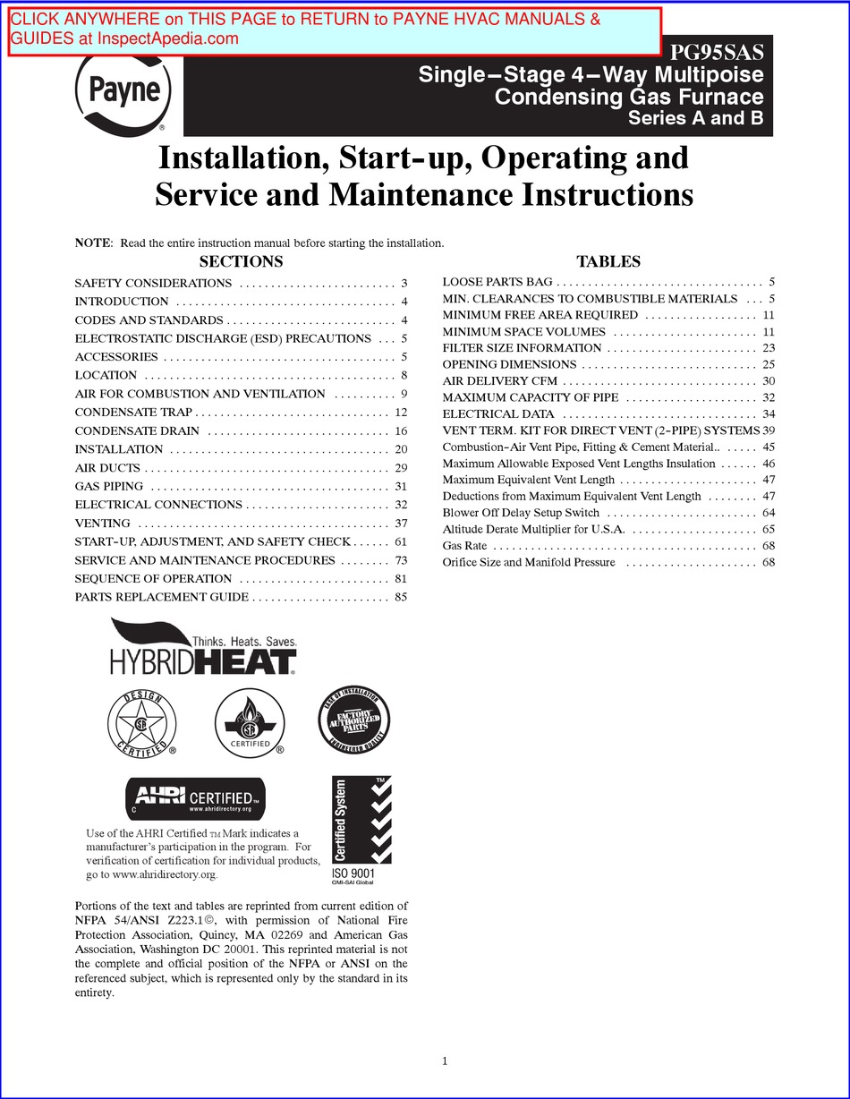 PAYNE A SERIES INSTALLATION, START-UP, OPERATING AND SERVICE AND ...