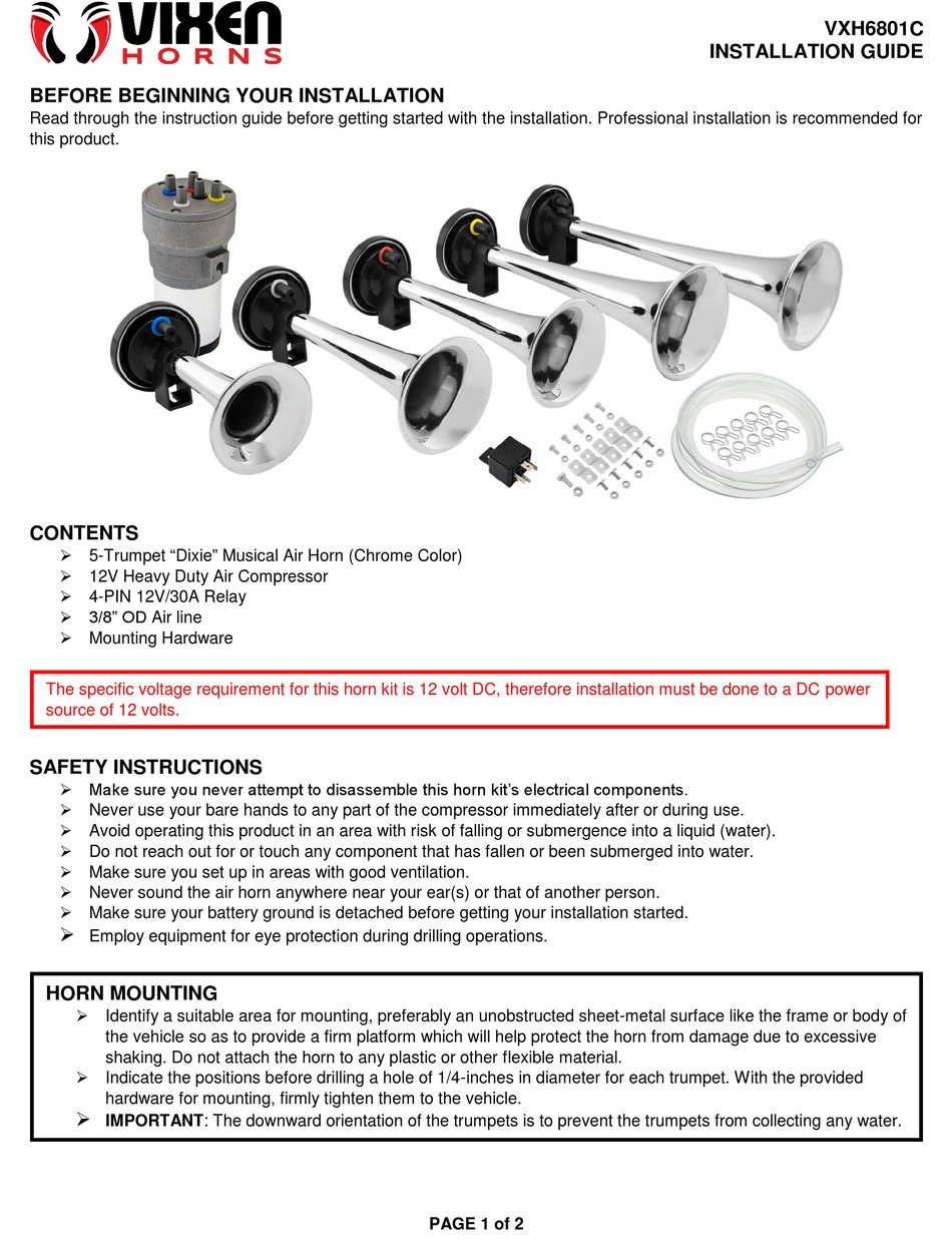 VIXEN HORNS VXH6801C INSTALLATION MANUAL Pdf Download | ManualsLib