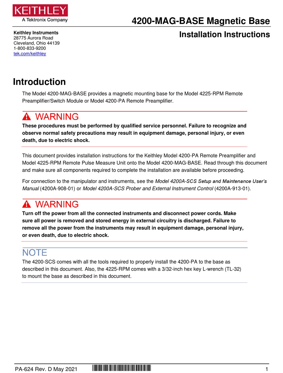 TEKTRONIX KEITHLEY 4200-MAG-BASE INSTALLATION INSTRUCTIONS Pdf Download ...