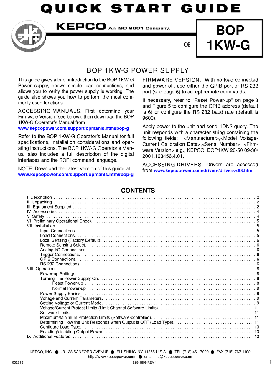 KEPCO BOP 1KW-G QUICK START MANUAL Pdf Download | ManualsLib