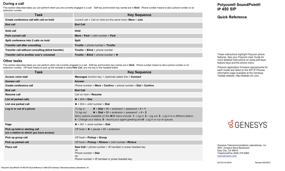 Genesys Polycom Soundpoint Ip 450 Sip Quick Reference Pdf Download Manualslib