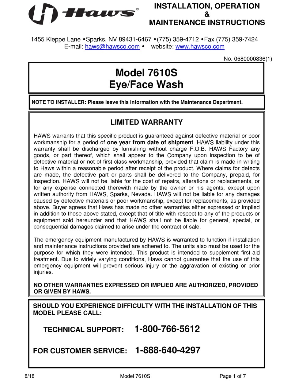 HAWS 7610S INSTALLATION, OPERATION & MAINTENANCE INSTRUCTIONS MANUAL ...