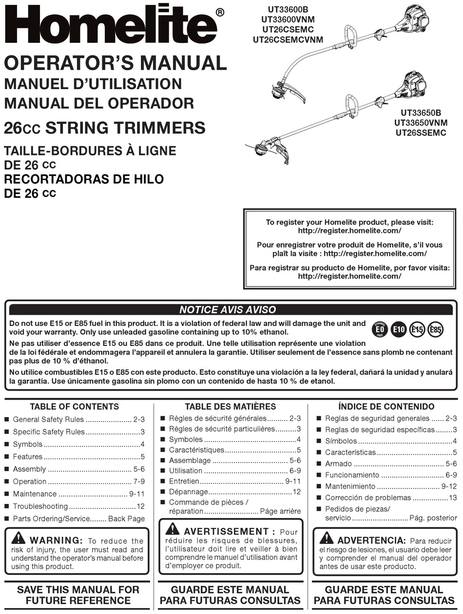 HOMELITE UT33600B OPERATOR'S MANUAL Pdf Download | ManualsLib