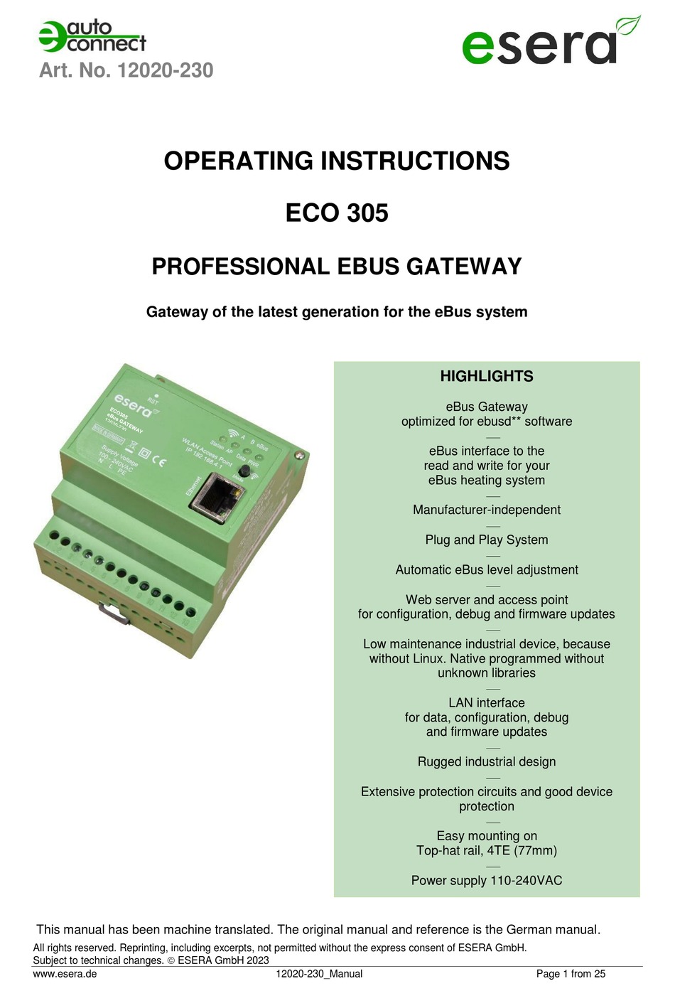 ESERA ECO 305 OPERATING INSTRUCTIONS MANUAL Pdf Download | ManualsLib