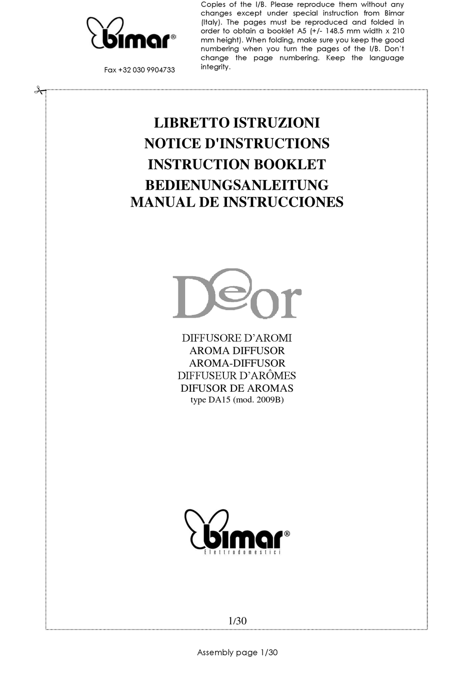 BIMAR DEOR DA15 INSTRUCTION BOOKLET Pdf Download | ManualsLib